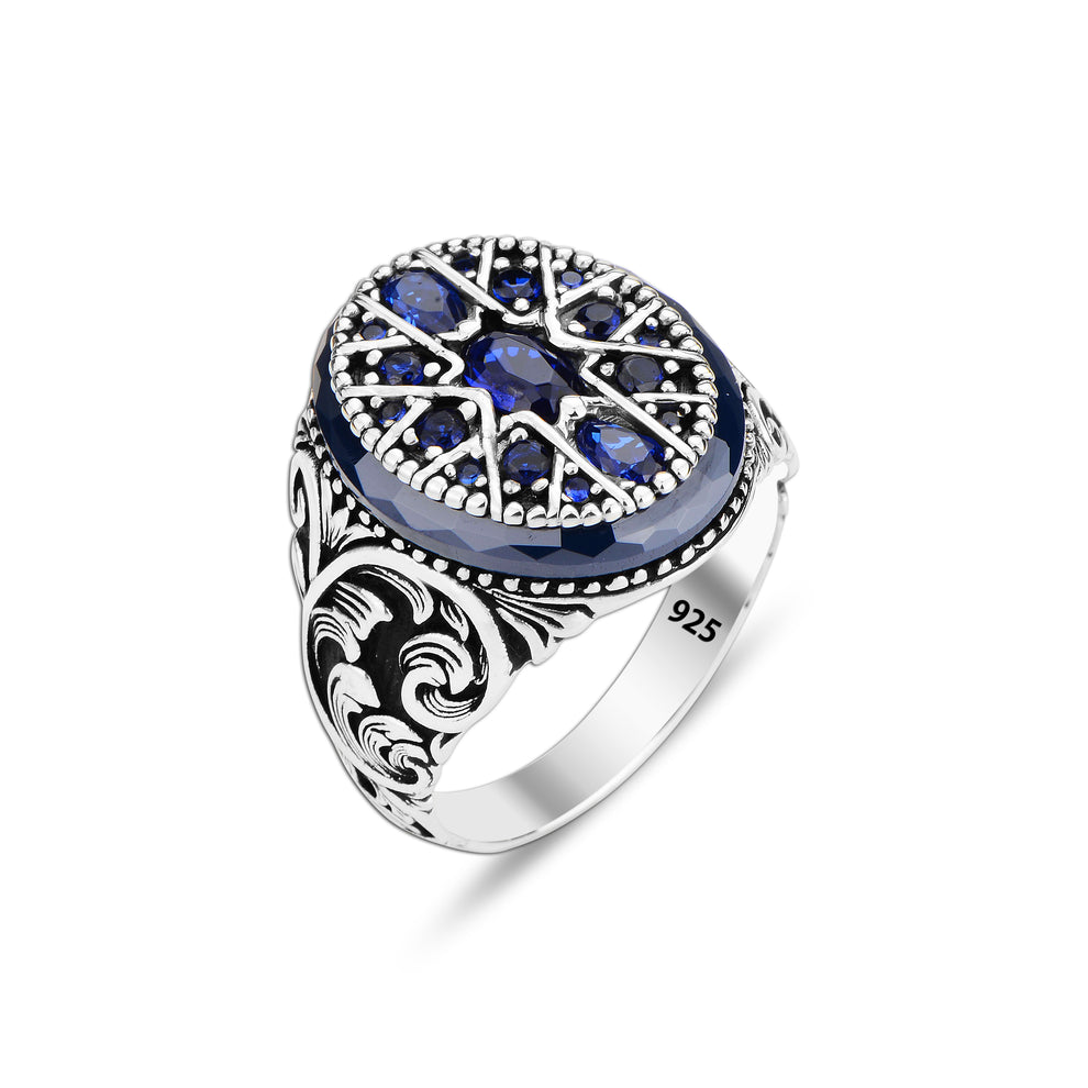 Mens 925k Sterling Silver Blue Sapphire Stone Men Ring