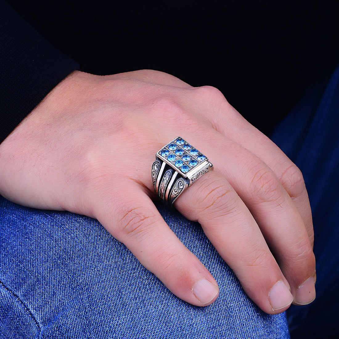 Men Engraved Micro Aquamarine Stone Ring