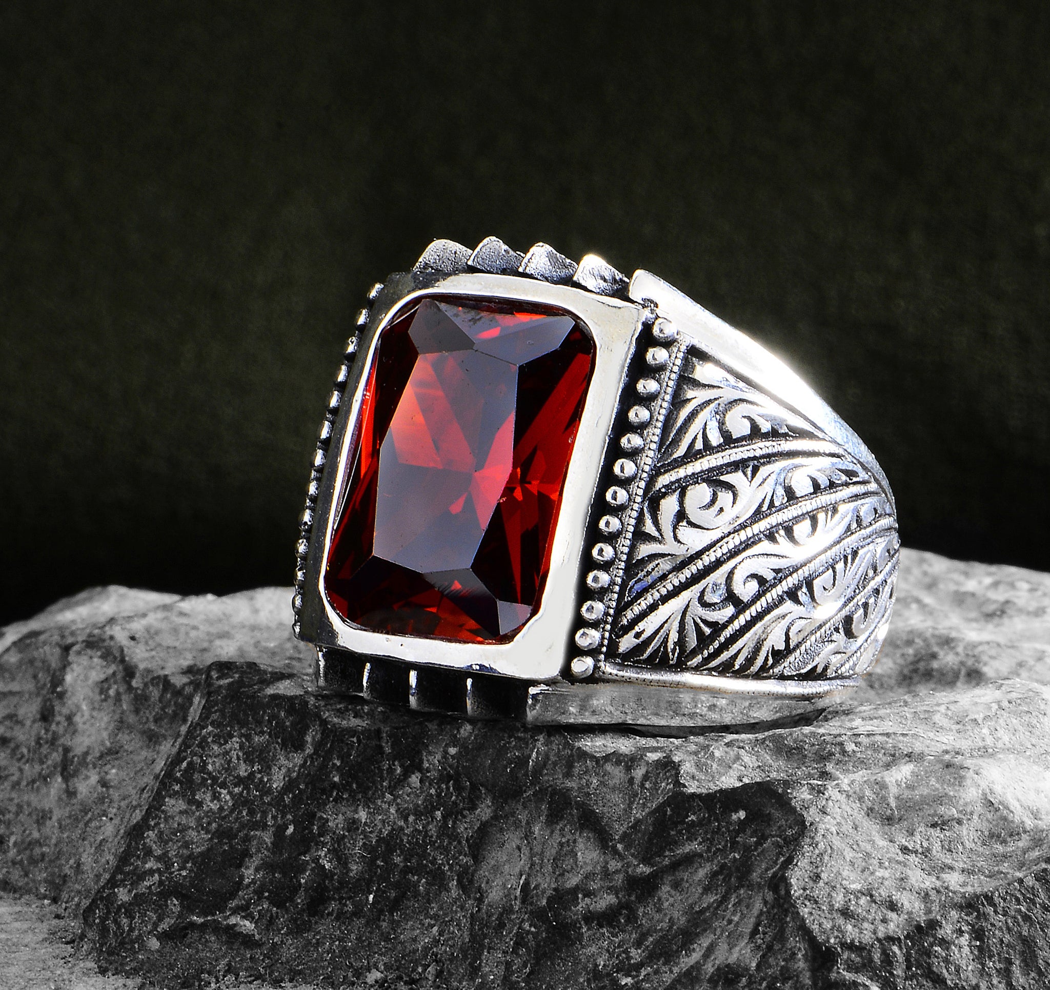 Silver Engraved Red Ruby Stone Men Ring