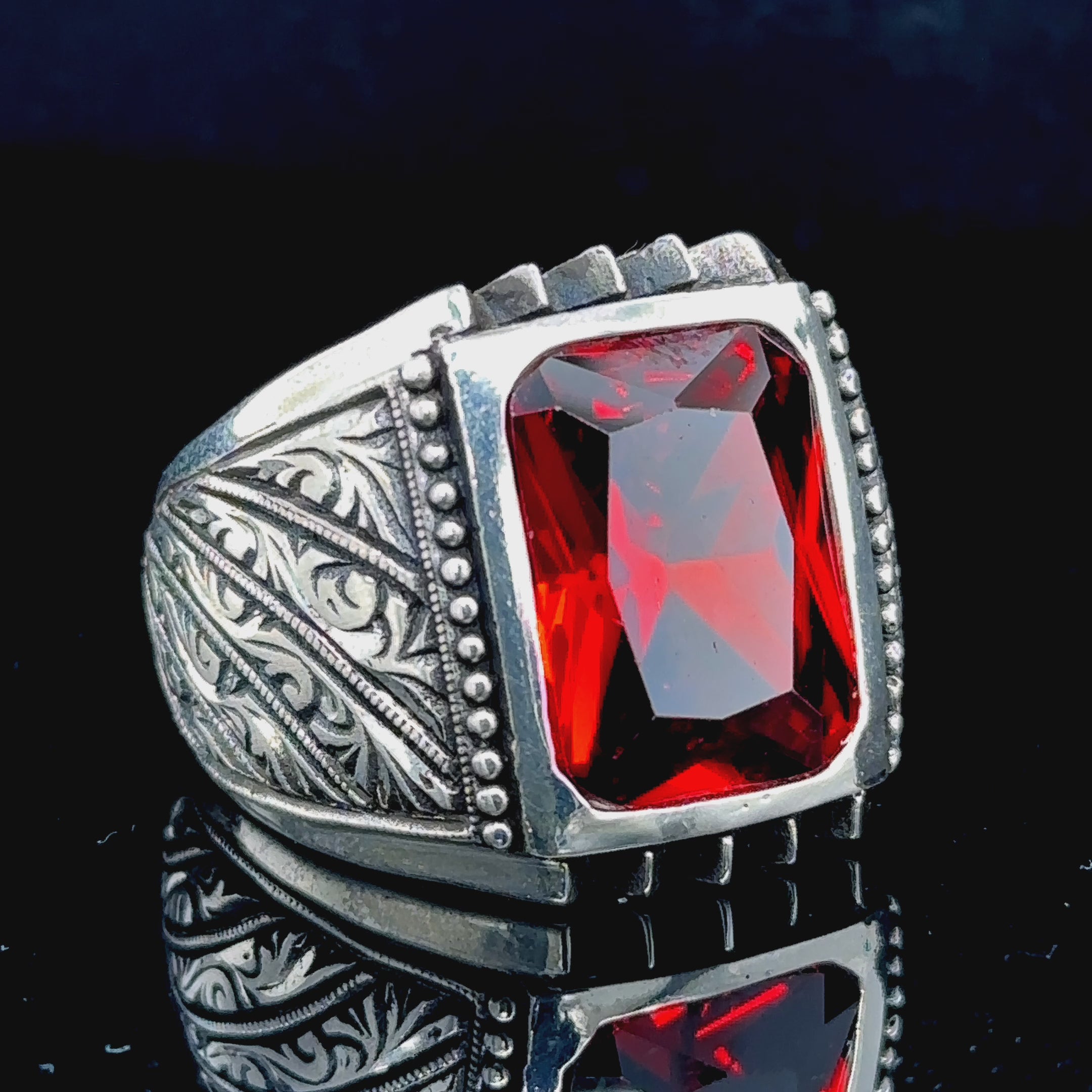 Silver Engraved Red Ruby Stone Men Ring